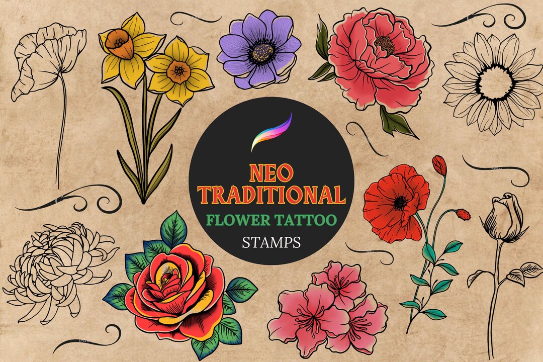 100+ Neo Trad Flower Stamp Procreate, Neo Traditional Flower Tattoo ...
