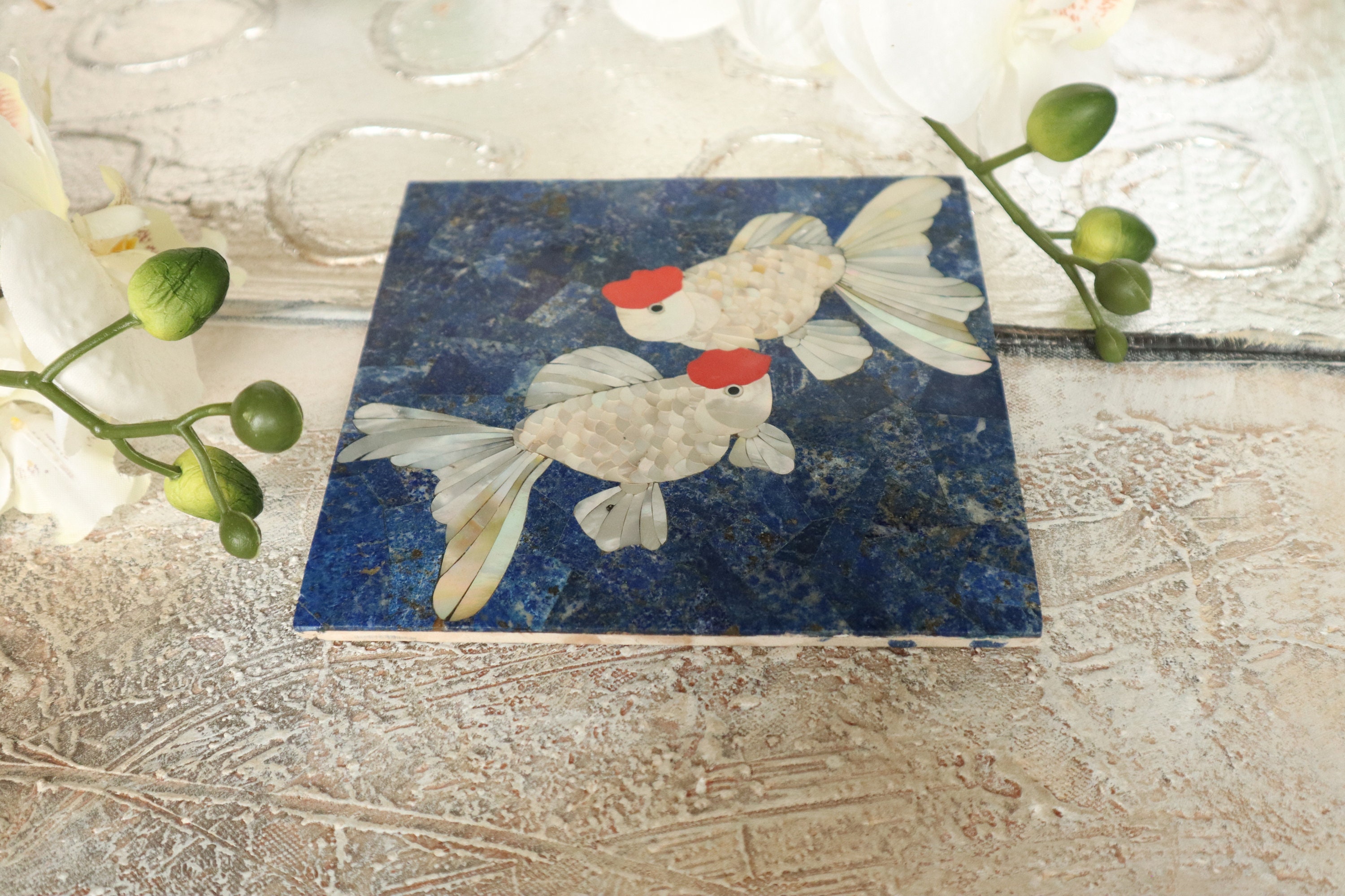 Handmade Lapis Tile With Koi Fish Mosaic Design for Gemstone Decor, Gem ...