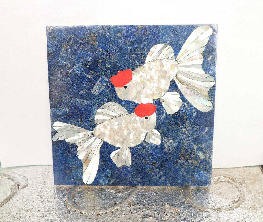 Handmade Lapis Tile With Koi Fish Mosaic Design for Gemstone Decor, Gem ...