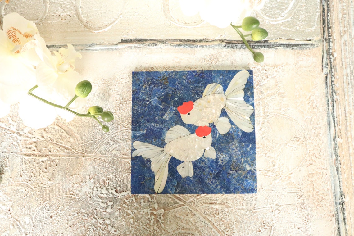 Handmade Lapis Tile With Koi Fish Mosaic Design for Gemstone Decor, Gem ...