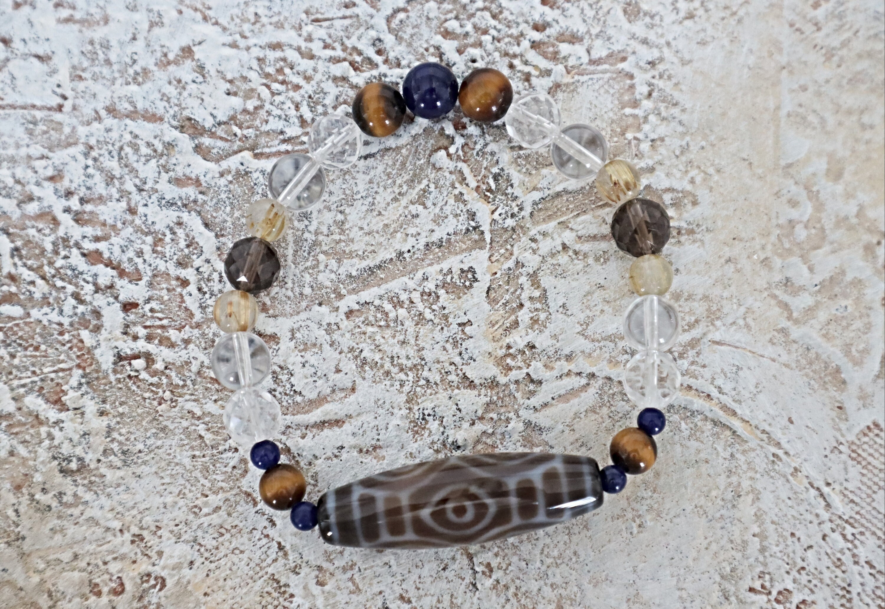 6 Dragon Eye Dzi Bead Bracelet: Tibetan Agate, Lapis & Quartz Crystal ...