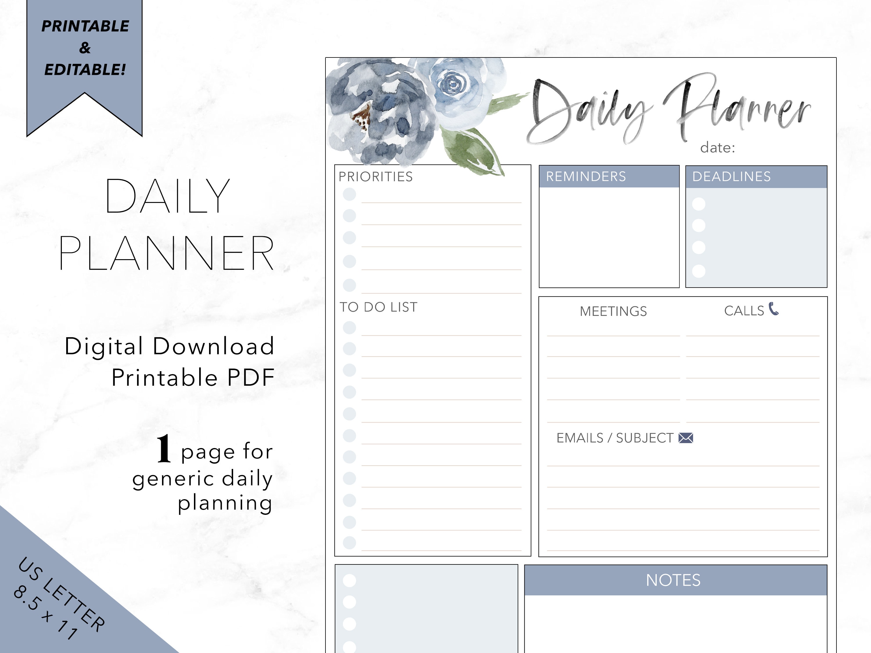 DAILY PLANNER Blue Floral Printable Generic Planner Digital - Etsy