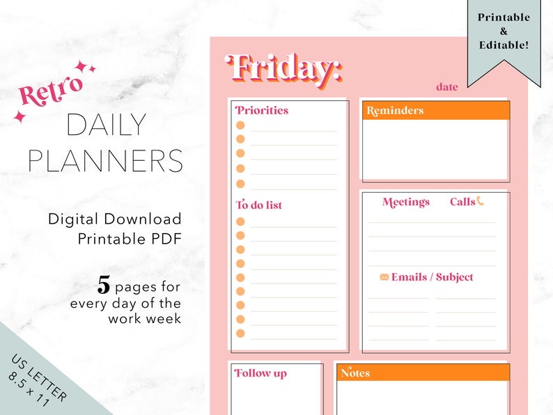 DAILY PLANNER Retro Printable, Editable, Instant Digital Download ...