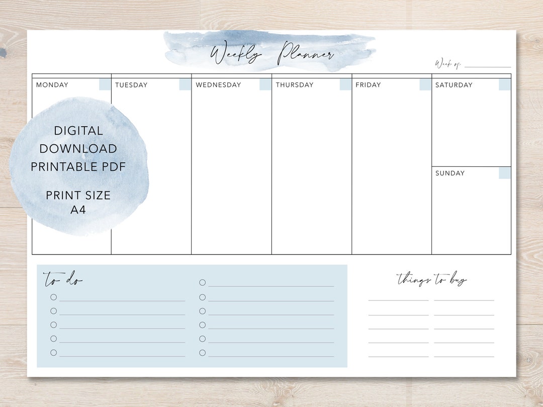 Weekly Planner Digital Download Printable | Blue Watercolor Weekly Plan ...