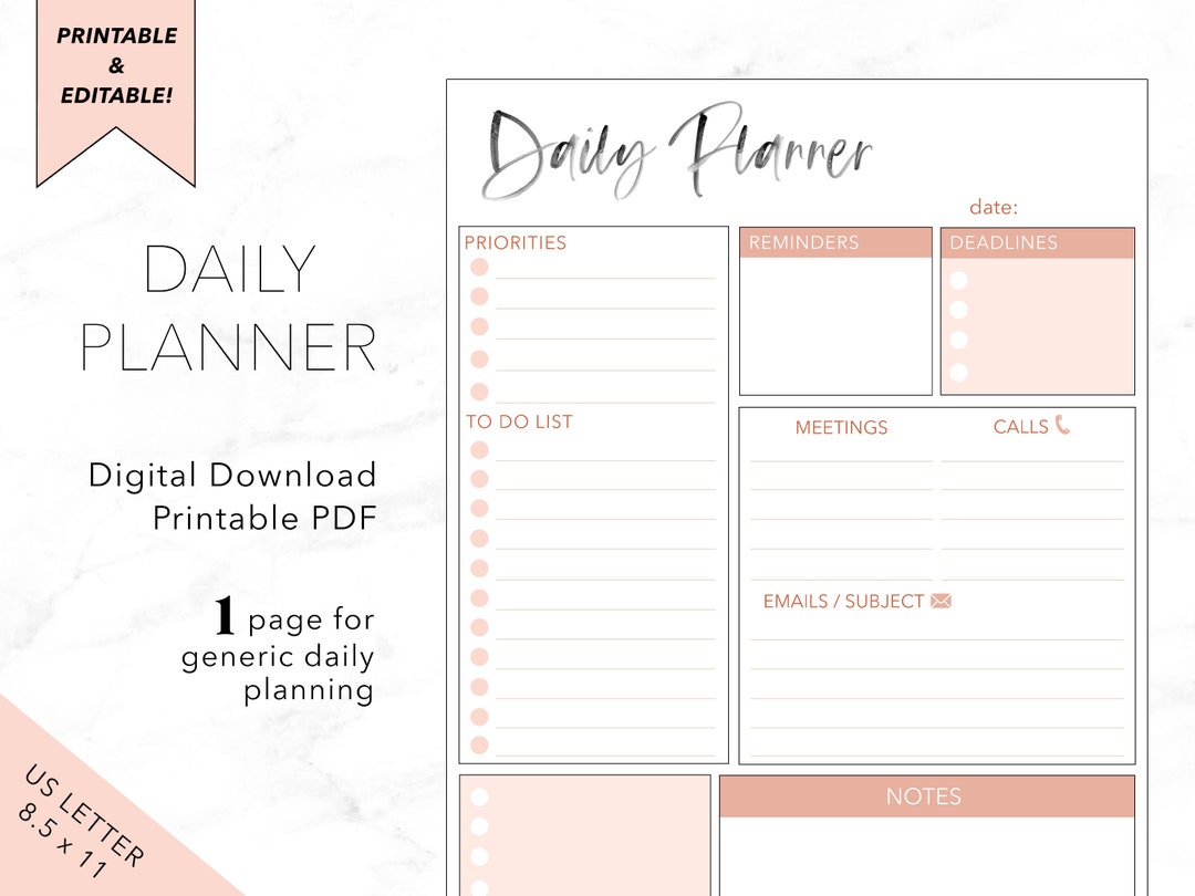 DAILY PLANNER | Light Pink Generic Daily Planner Printable, Digital ...