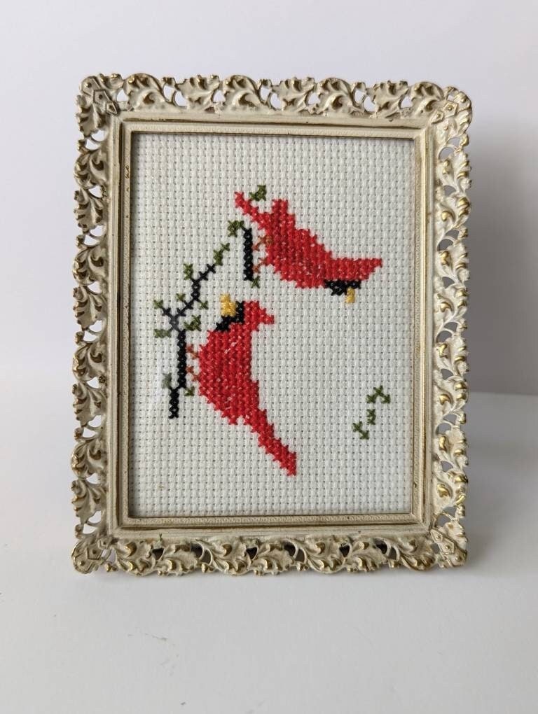 Ornate Vintage Frame With Cross Stitch of Pair of Cardinals - Two Red ...