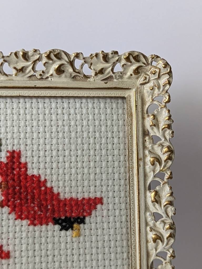 Ornate Vintage Frame With Cross Stitch of Pair of Cardinals - Two Red ...