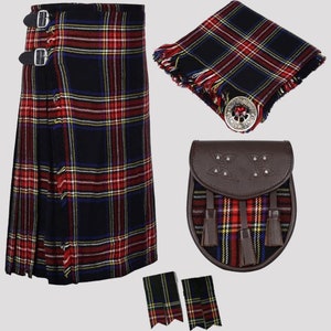 Scottish Black Royal Stewart Tartan Kilt Set With Fly Plaid, Brooch, Flashes & Tartan Leather ...
