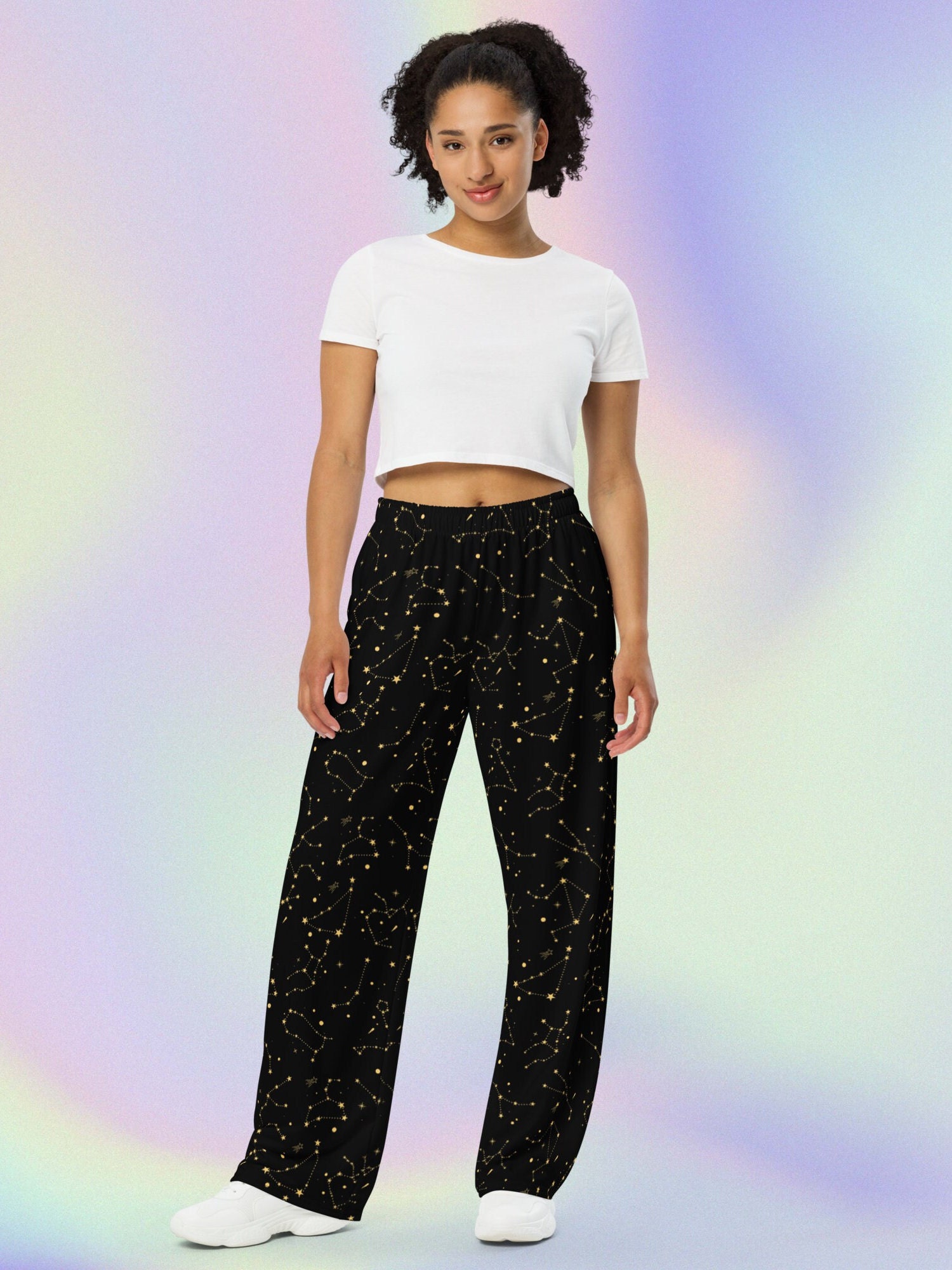 Constellations Night Sky Print Wide-leg Pants, Black & Gold Soft ...