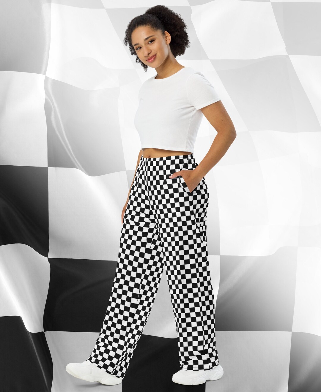 Black & White Checkered Chessboard Print Wide-leg Pants, Casual Pocket ...