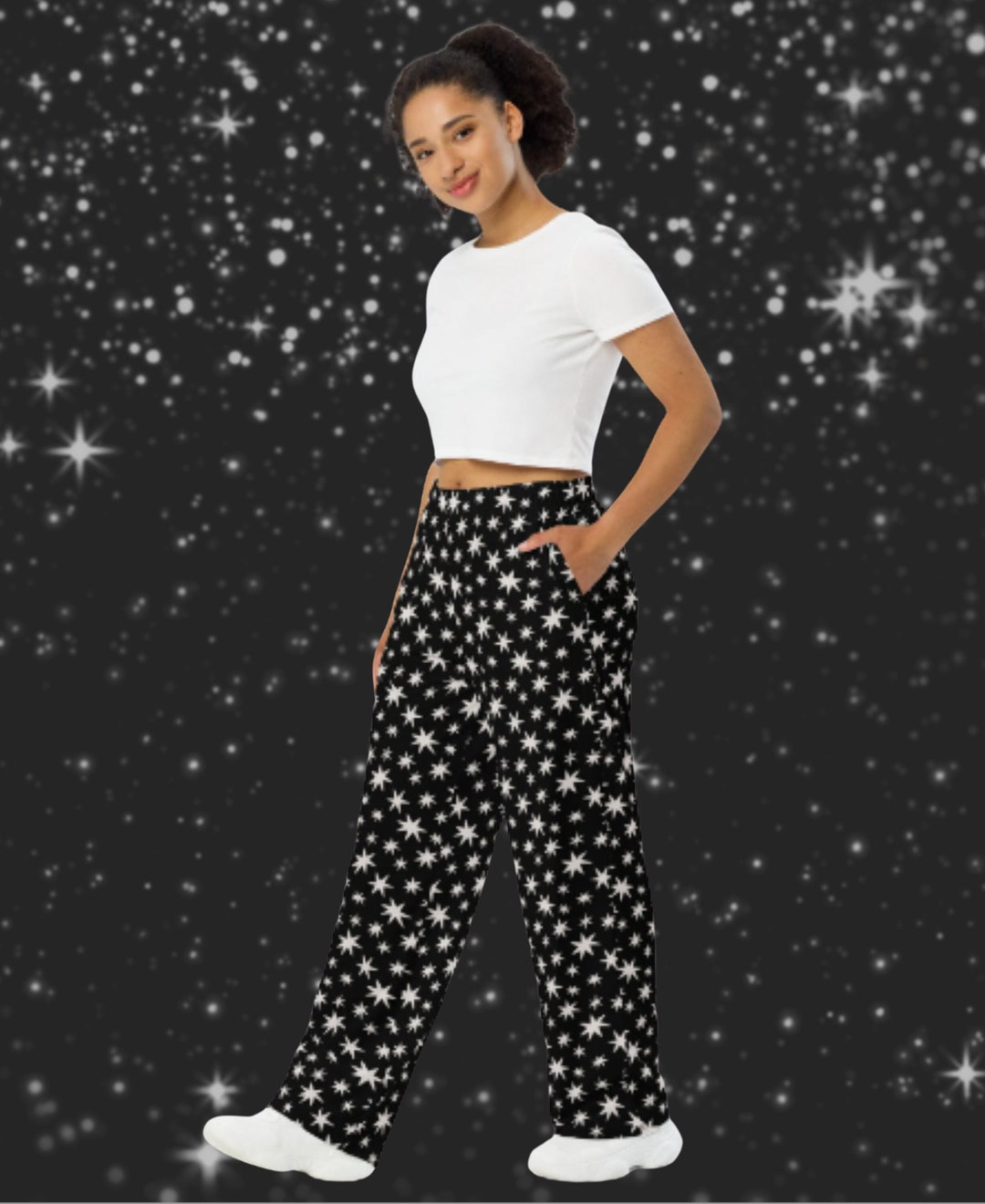 Stars Black & White AOP Wide-leg Pants, Two Tone Soft Pajamas Pants ...