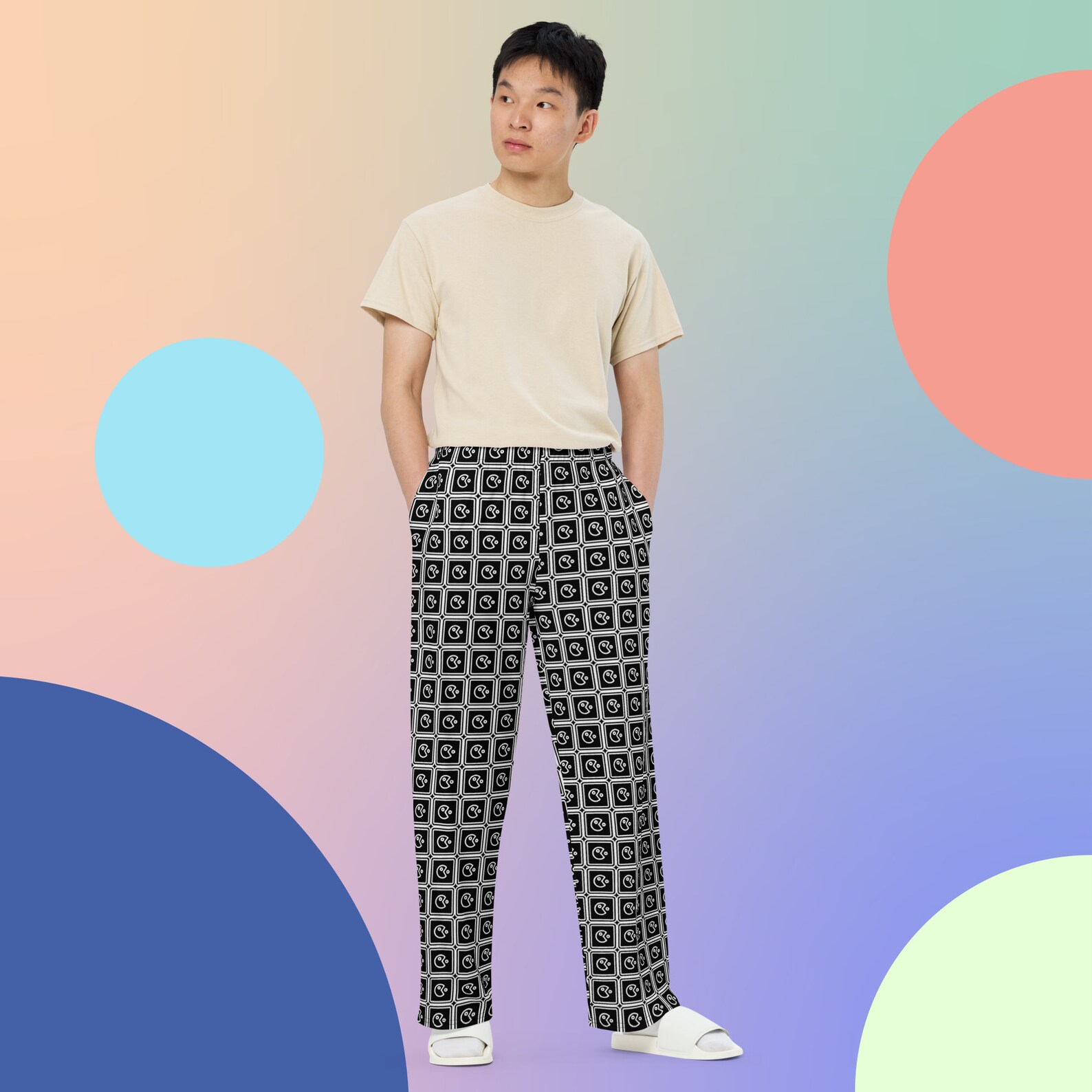 Pacman Retro Print Wide-leg Pants, Black & White Soft Pajamas Pants ...