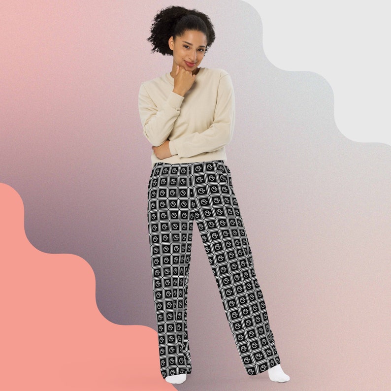 Pacman Retro Print Wide-leg Pants, Black & White Soft Pajamas Pants ...