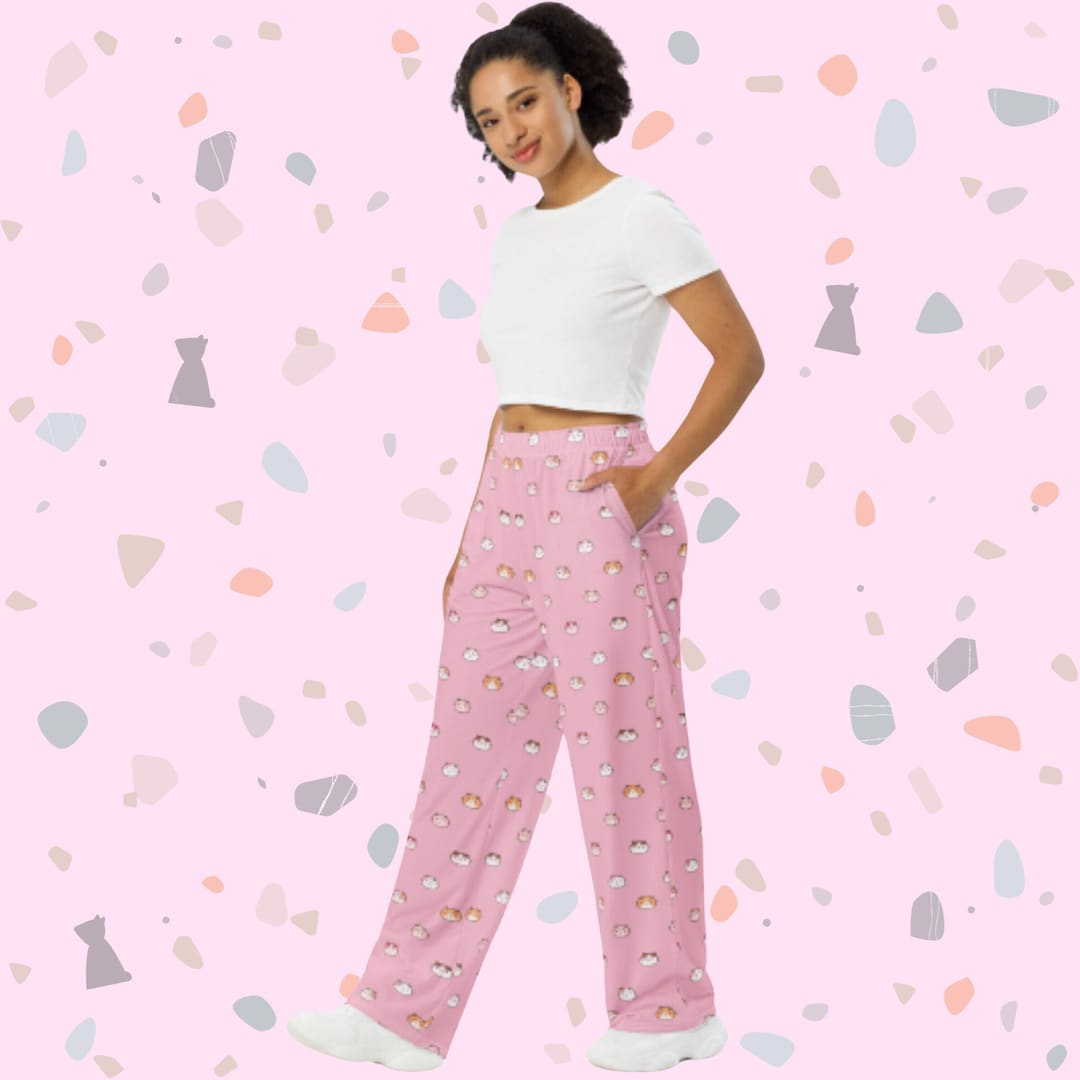Cute Cat Wide-leg Pink Pants, Casual Elastic Waist With Pockets Loose ...