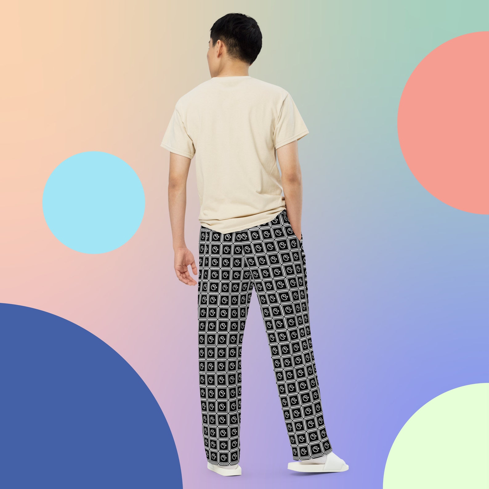 Pacman Retro Print Wide-leg Pants, Black & White Soft Pajamas Pants ...