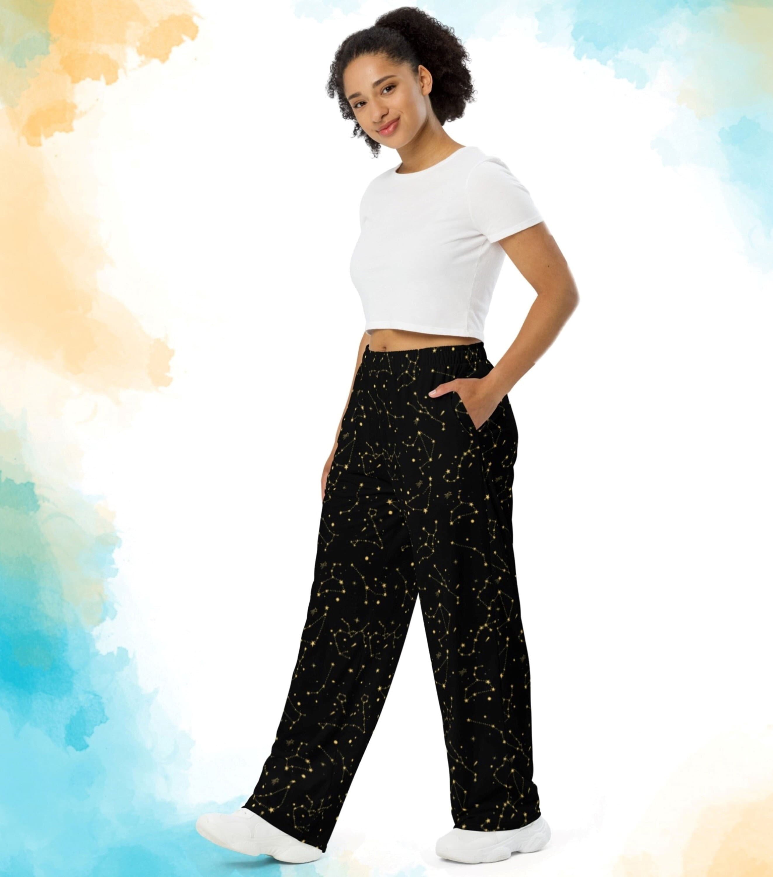 Constellations Night Sky Print Wide-leg Pants, Black & Gold Soft ...