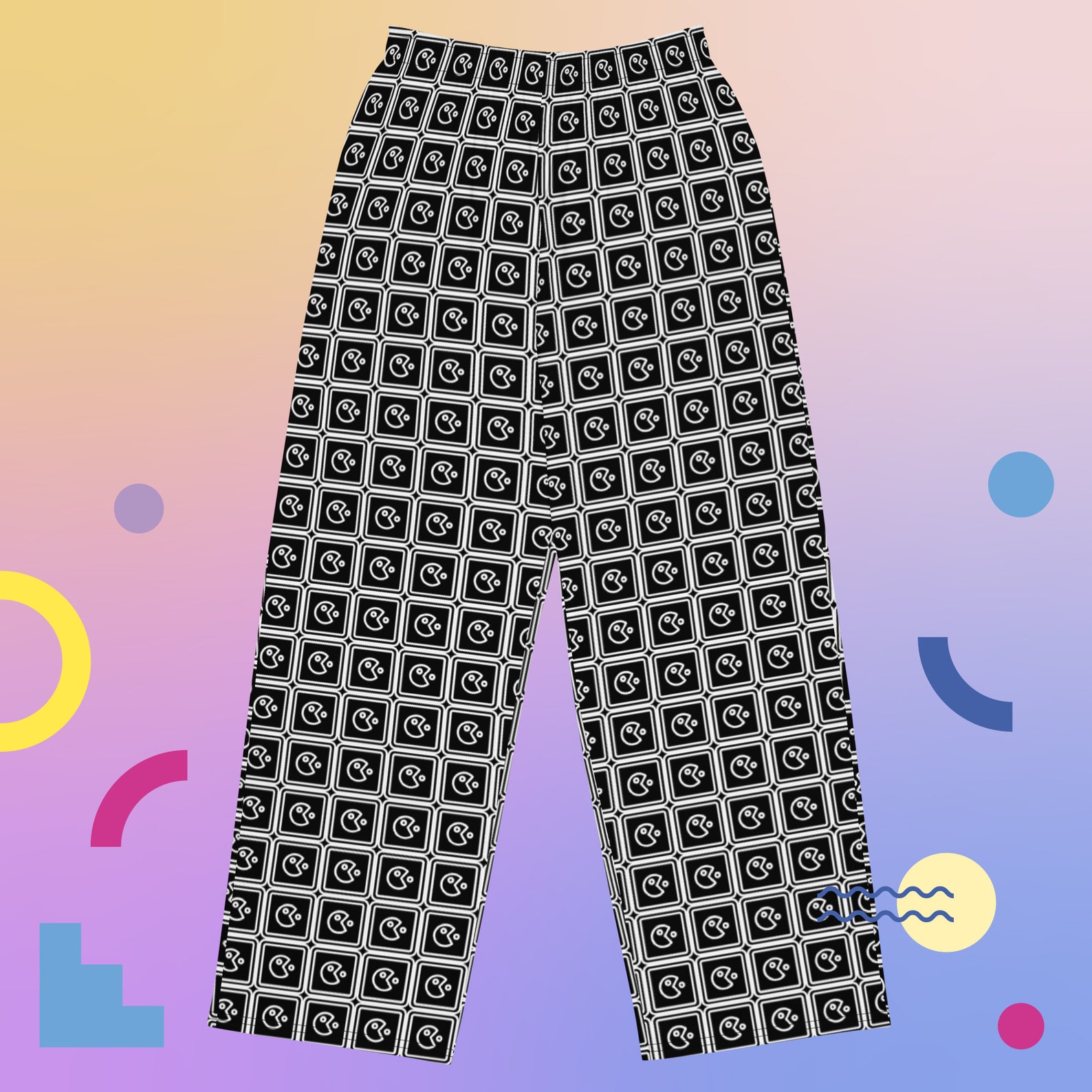 Pacman Retro Print Wide-leg Pants, Black & White Soft Pajamas Pants ...