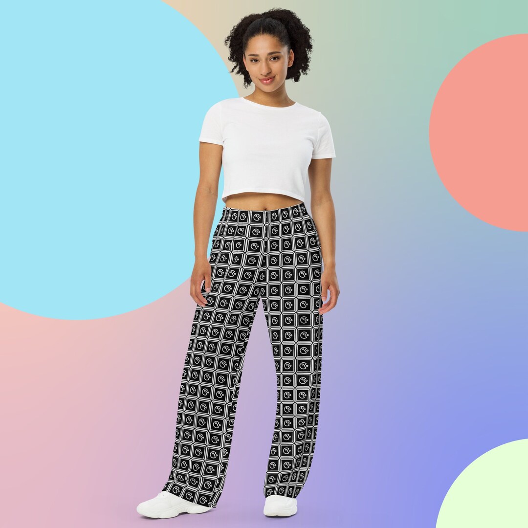 Pacman Retro Print Wide-leg Pants, Black & White Soft Pajamas Pants ...