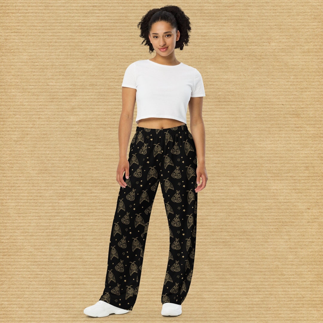 Mystical Stars Night Butterfly AOP Unisex Wide-leg Pants, Black & Gold ...