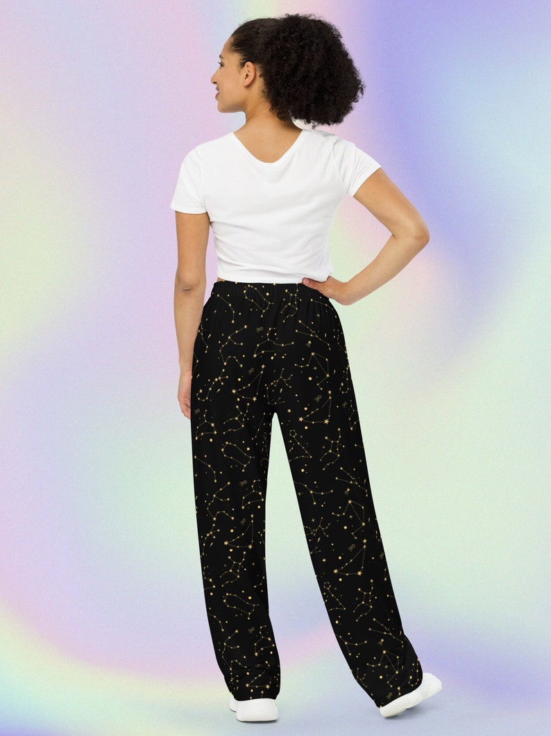 Constellations Night Sky Print Wide-leg Pants, Black & Gold Soft ...