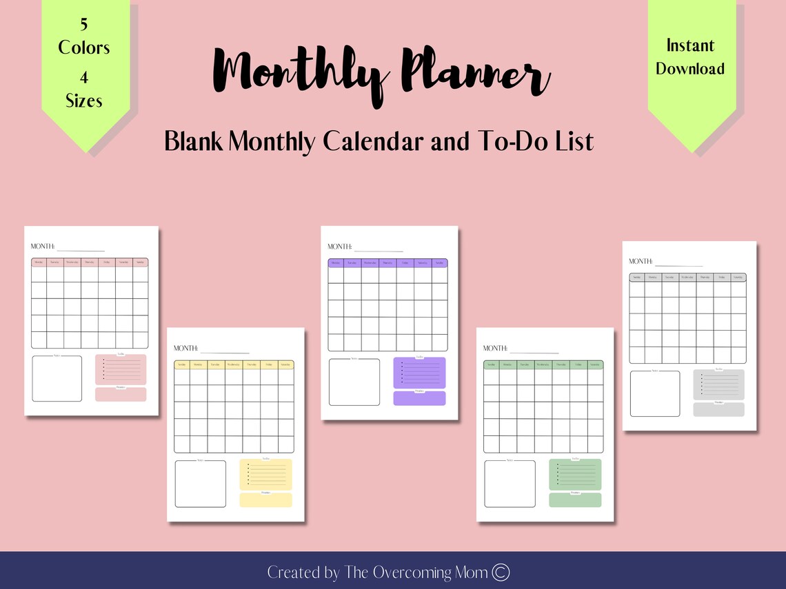 Blank Monthly Calendar, Undated Monthly Planner, Monthly Planner and To ...