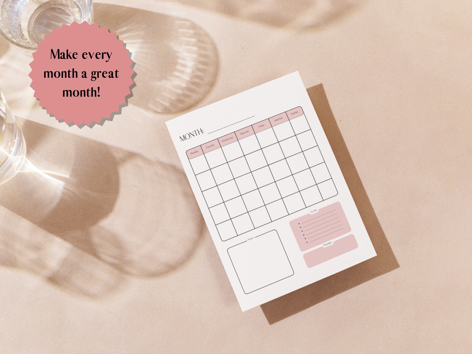 Blank Monthly Calendar, Undated Monthly Planner, Monthly Planner and To ...