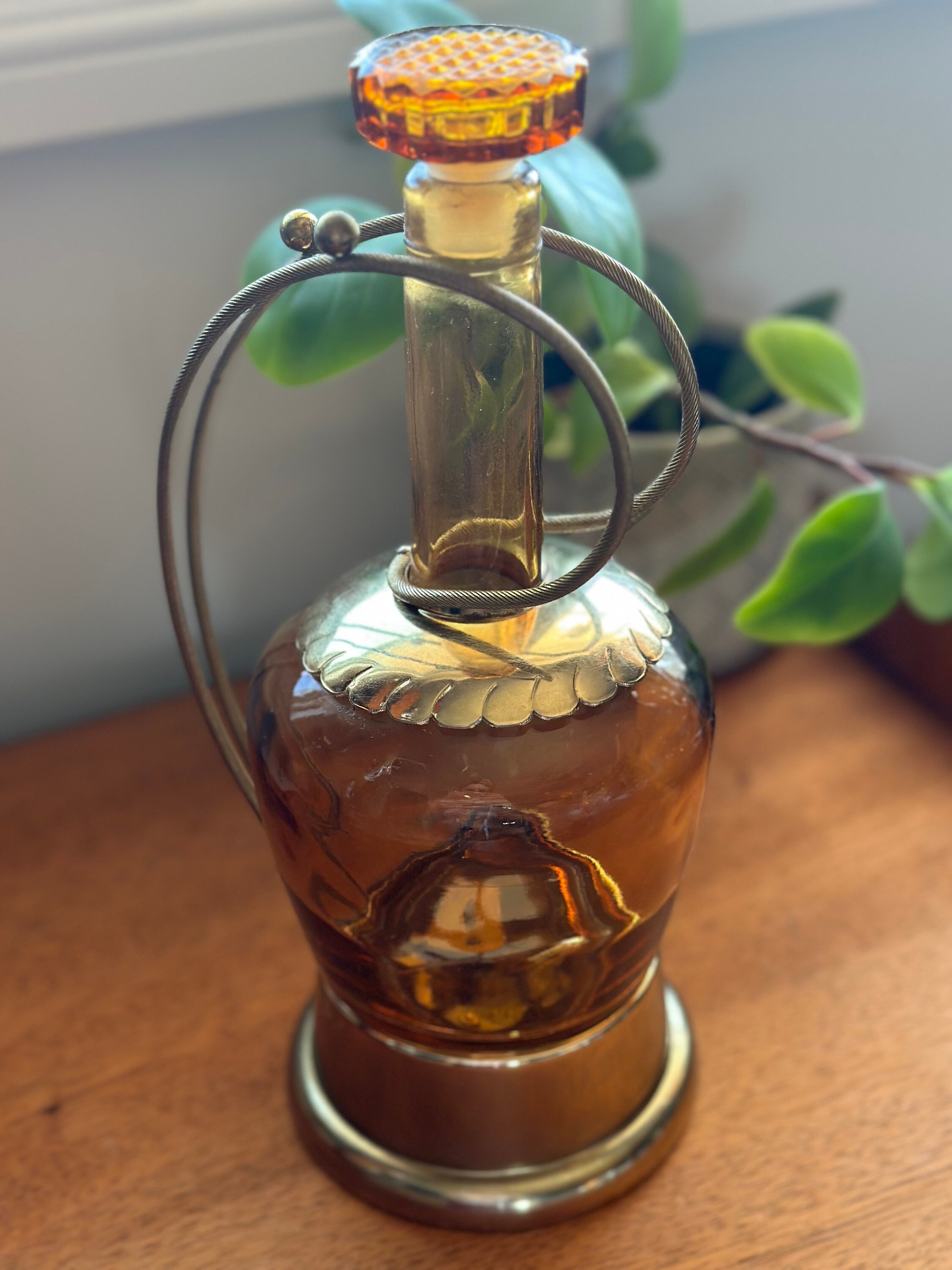Vintage Mid Century Brass and Amber Glass Decanter With Music Box on ...
