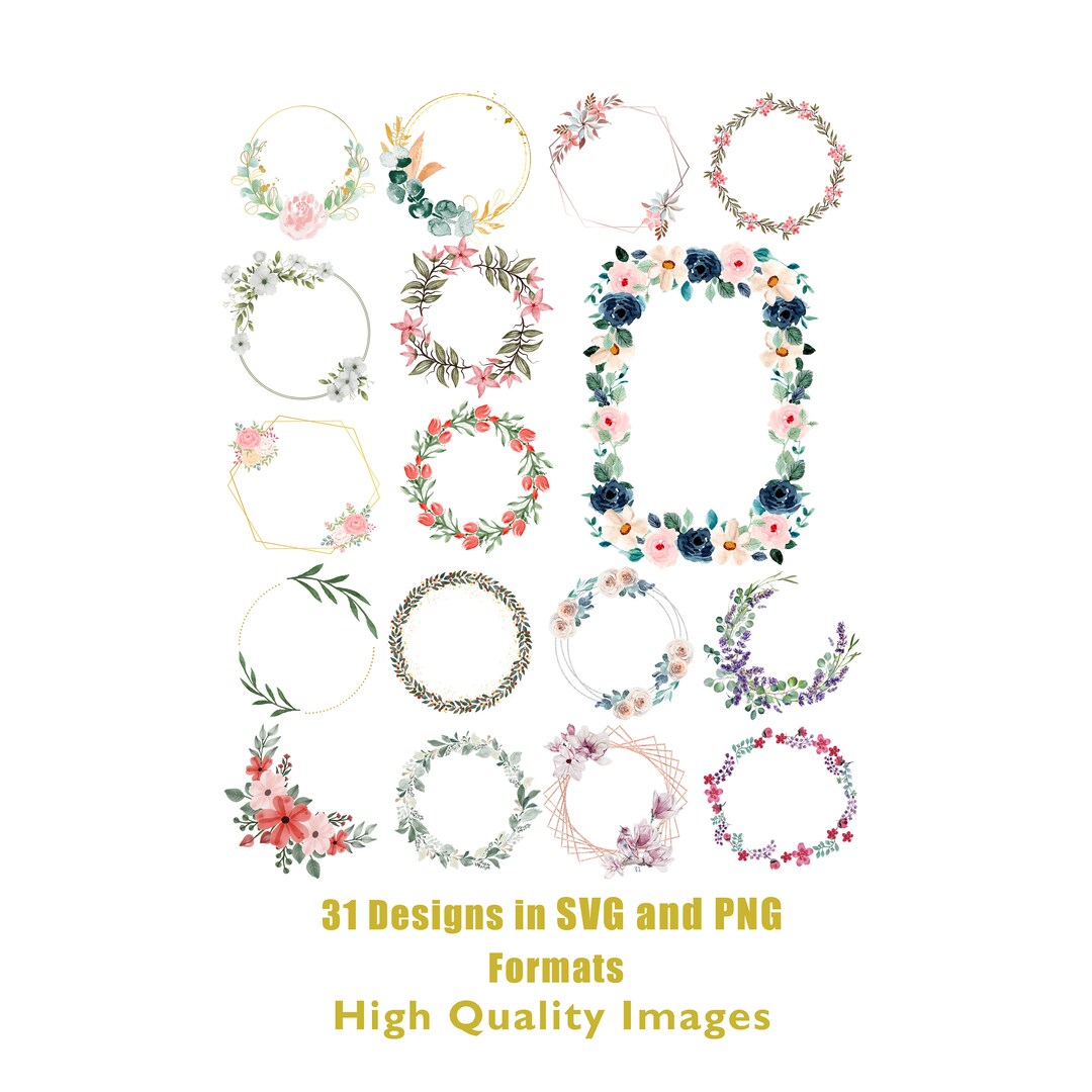 Floral Frame Svg and Png Bundle, Circle Frame Svg, Watercolor Wreath ...