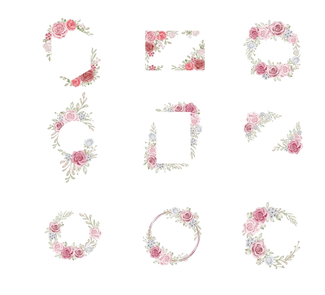Rose Frames, Floral Frame,watercolor Flowers,foliage and Pink Roses ...