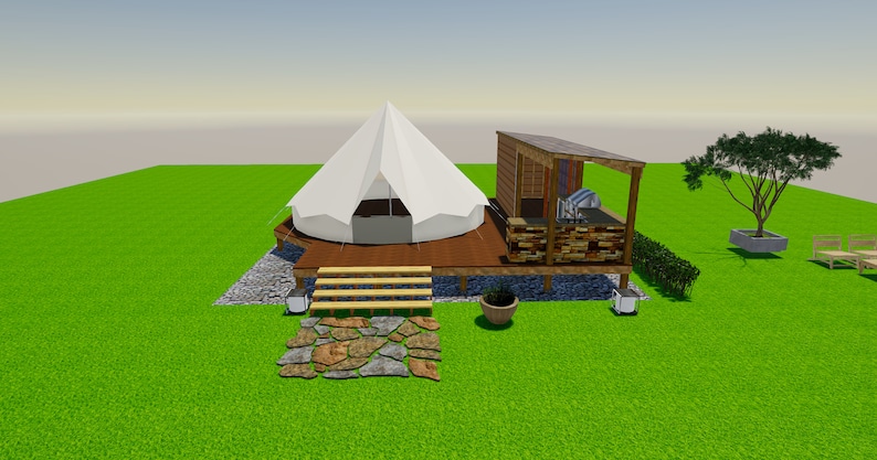 6M Bell Tent DIY Deck Plans Polygon Extension W Bath and Kitchen Area ...