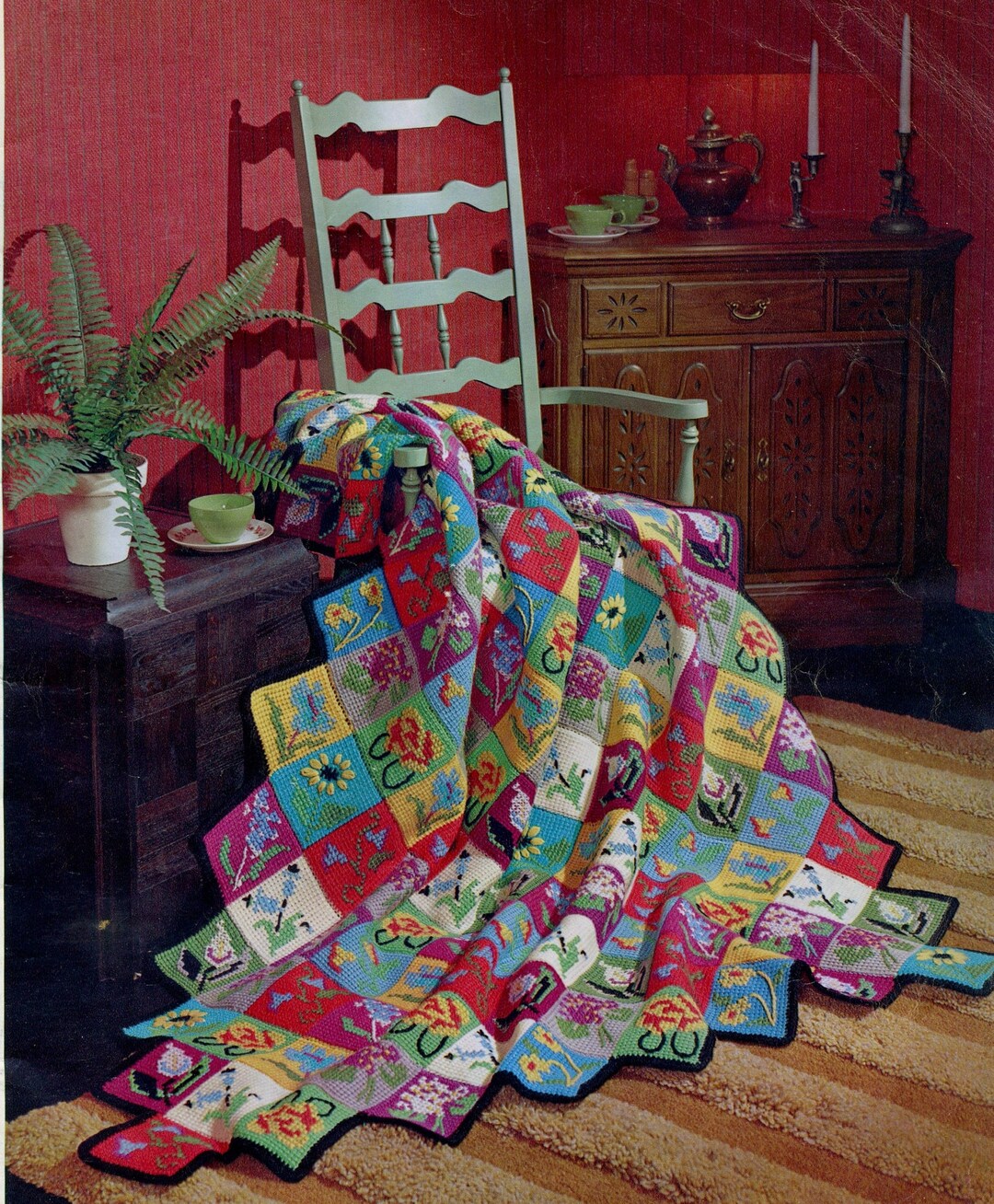 Vintage Crochet Pattern PDF // Rainbow Diamond Needlepoint Floral ...