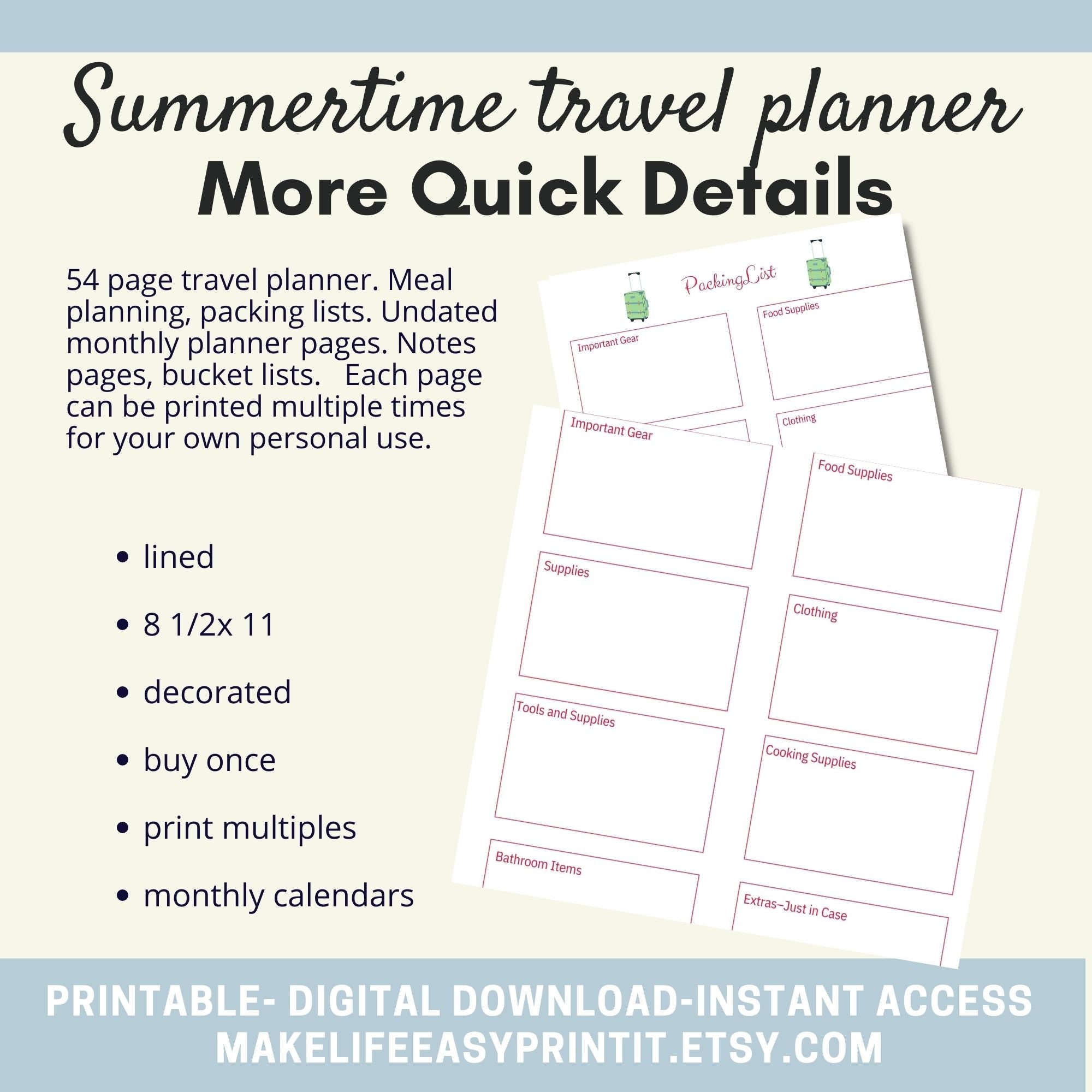 Summertime Trip Planner Printable Packing Lists Meal Planning Monthly ...