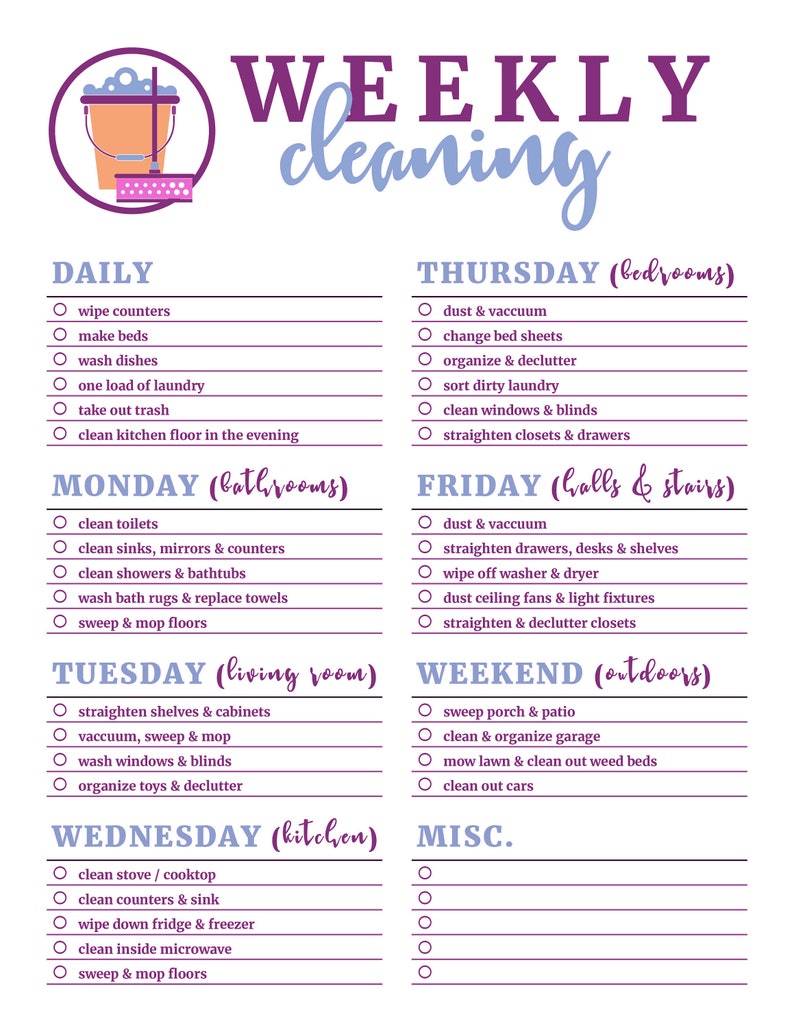 Weekly Cleaning Schedule List - Etsy