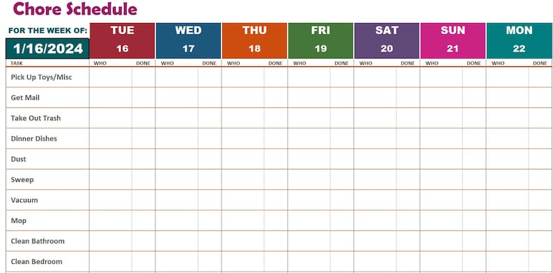 Chore Chart - EXCEL - Etsy