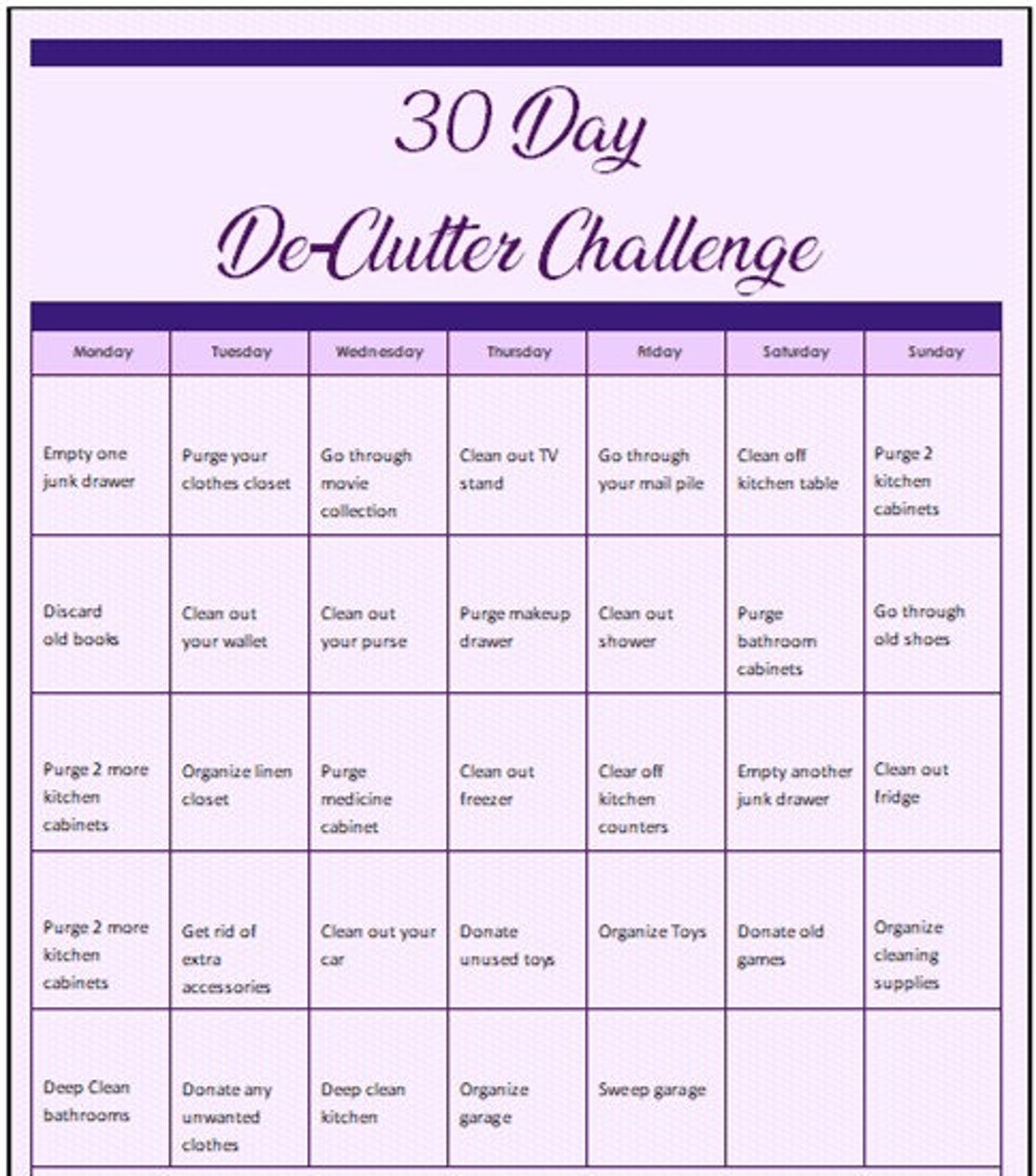 30 Day De-clutter Calendar - Etsy