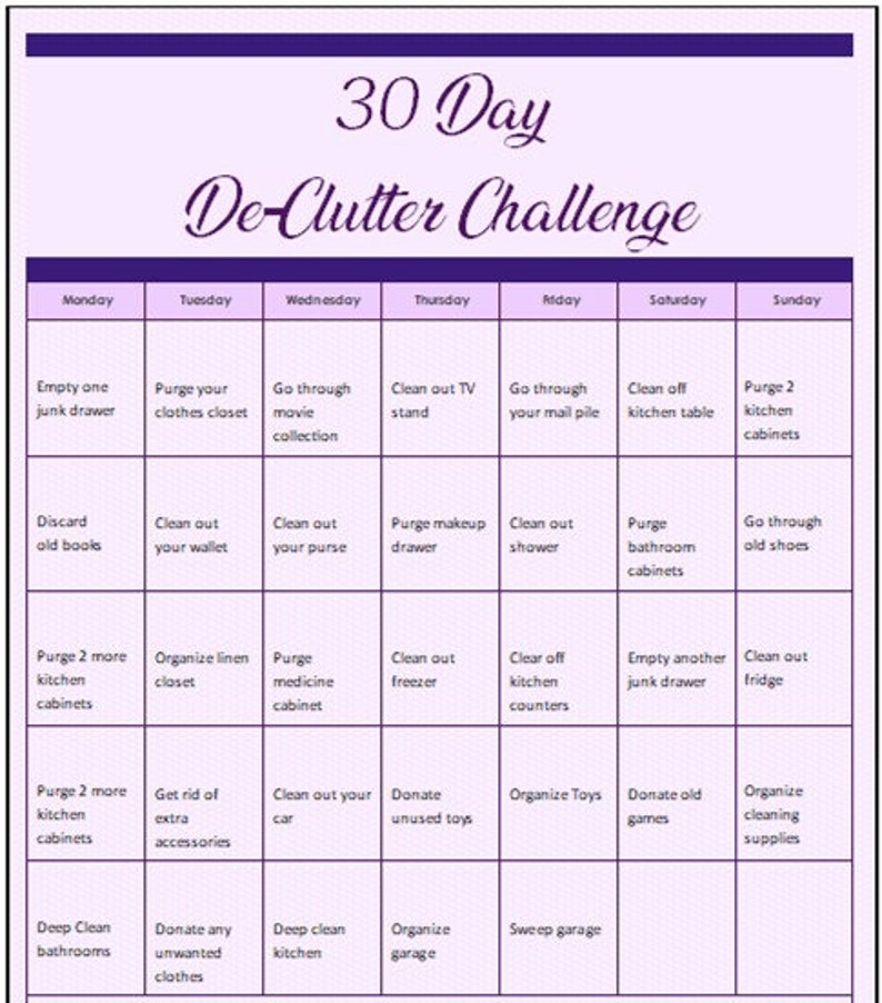 30 Day De-clutter Calendar - Etsy