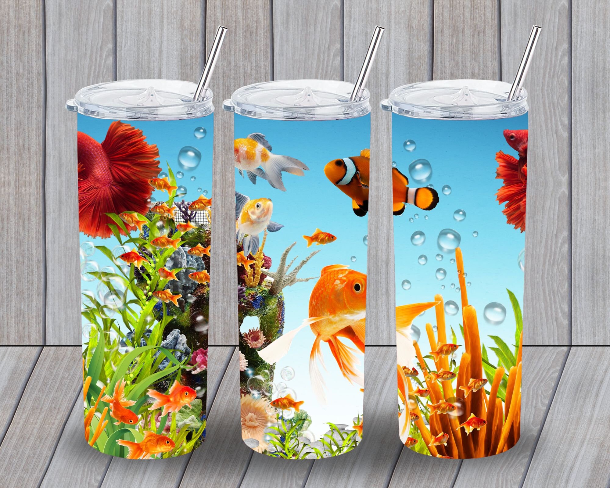 3D Aquarium Colorful Fish Underwater 20 Oz Skinny Tumbler Wrap PNG ...