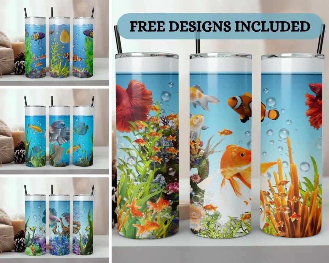 3D Aquarium Colorful Fish Underwater 20 Oz Skinny Tumbler Wrap PNG ...