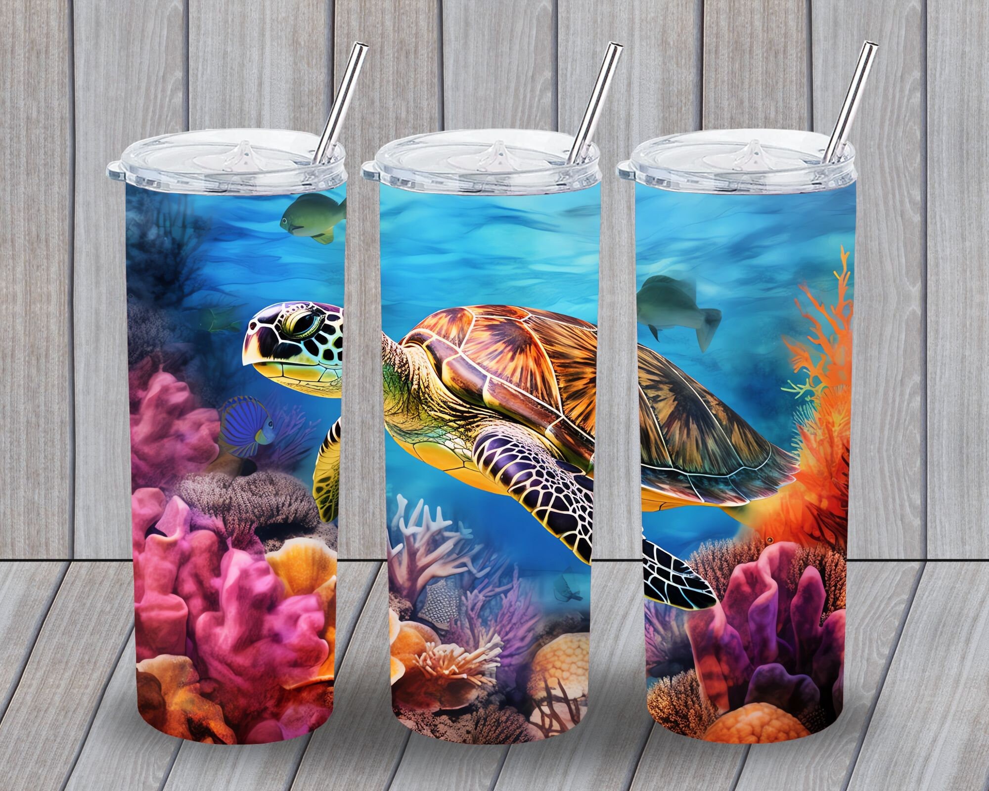 3D Aquarium Colorful Fish Underwater 20 Oz Skinny Tumbler Wrap PNG ...