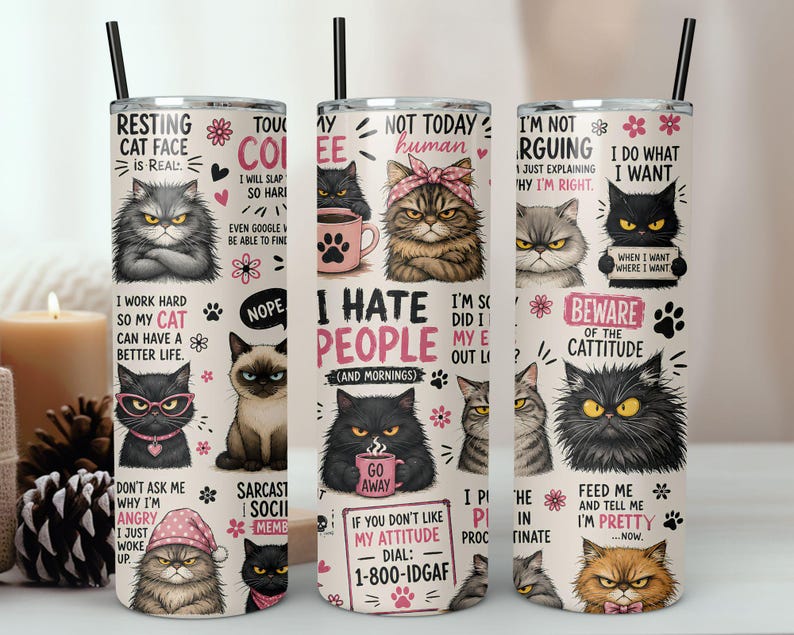 Funny Sarcastic Grumpy Cat Collage 20oz Skinny Tumbler Wrap Sublimation ...