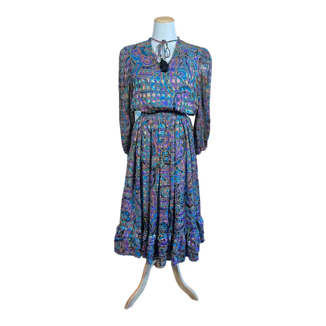 Vintage 1980s Purple and Blue Retro Psychedelic Fit and Flair Maxi ...