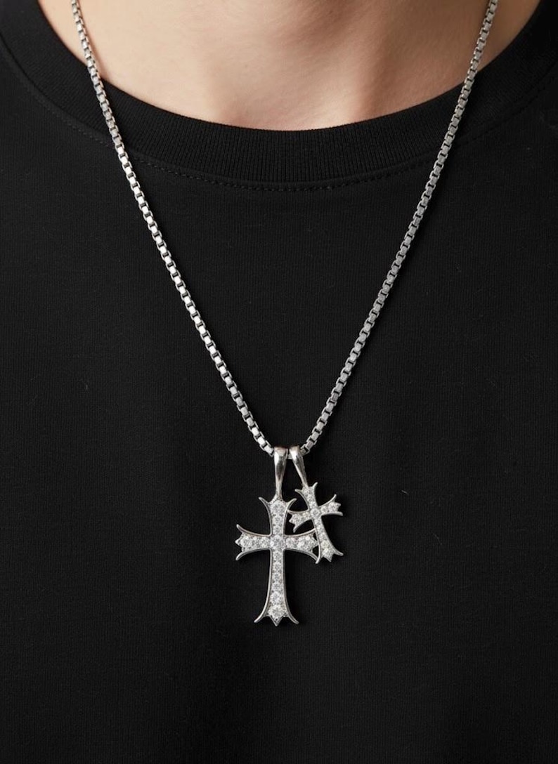 Silver Double Cross Necklace, Unisex Layered Cross Pendant, CZ Crystal ...