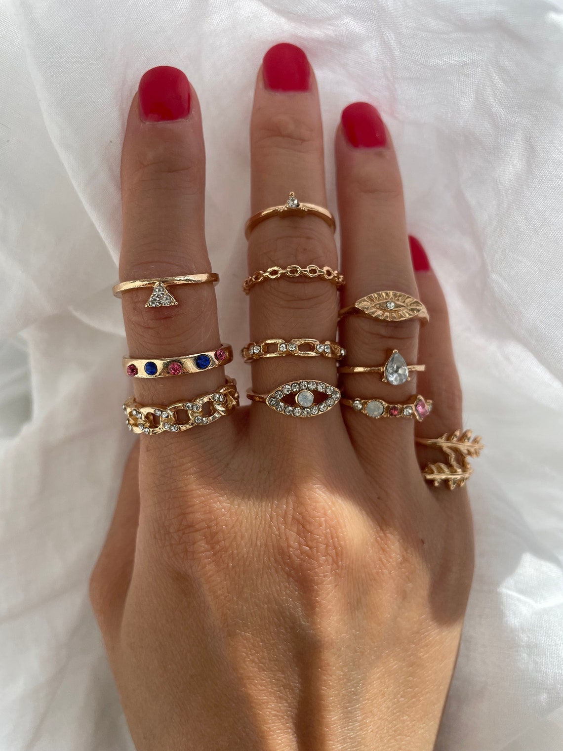 Stackable Rings Set 11 Pieces * Gold Rings Set * Evil Eye Ring * Boho ...