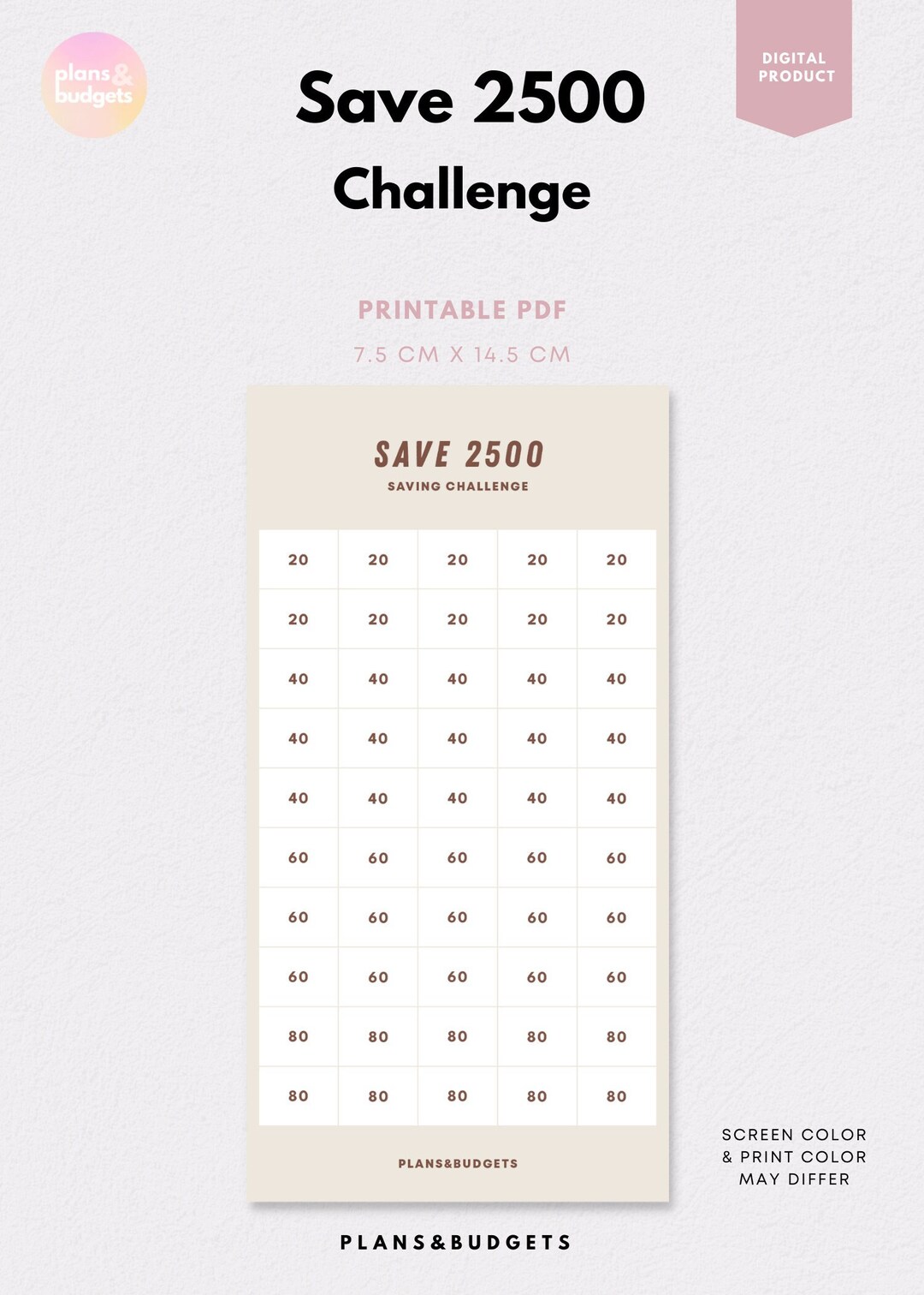 Save 2500 - Savings Challenge | 7.5cm X 14.5cm | Printable | Instant ...