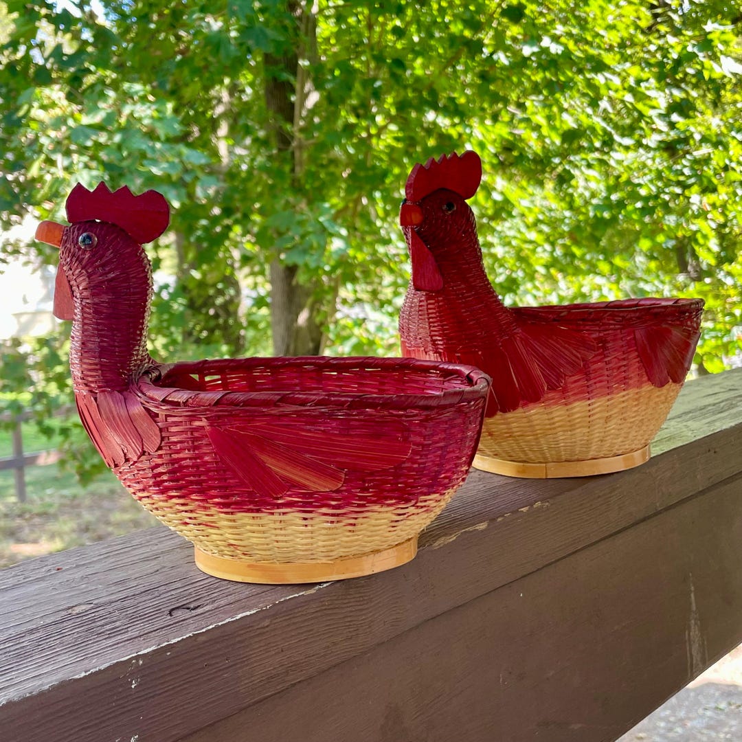 Vintage Pair Nesting Woven Wicker Rooster Hens Chicken Farmhouse ...