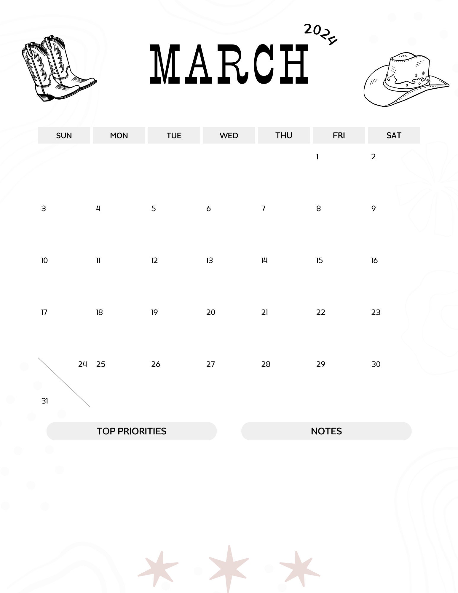 Simple Western Calendar - Etsy