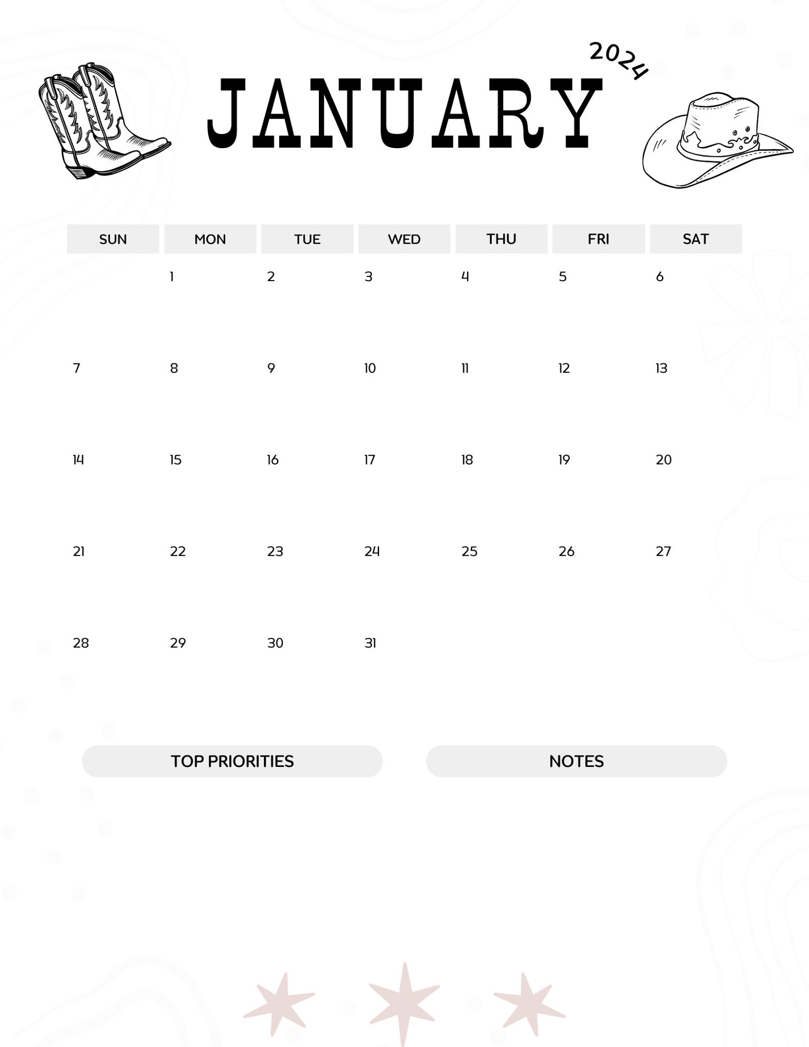 Simple Western Calendar - Etsy