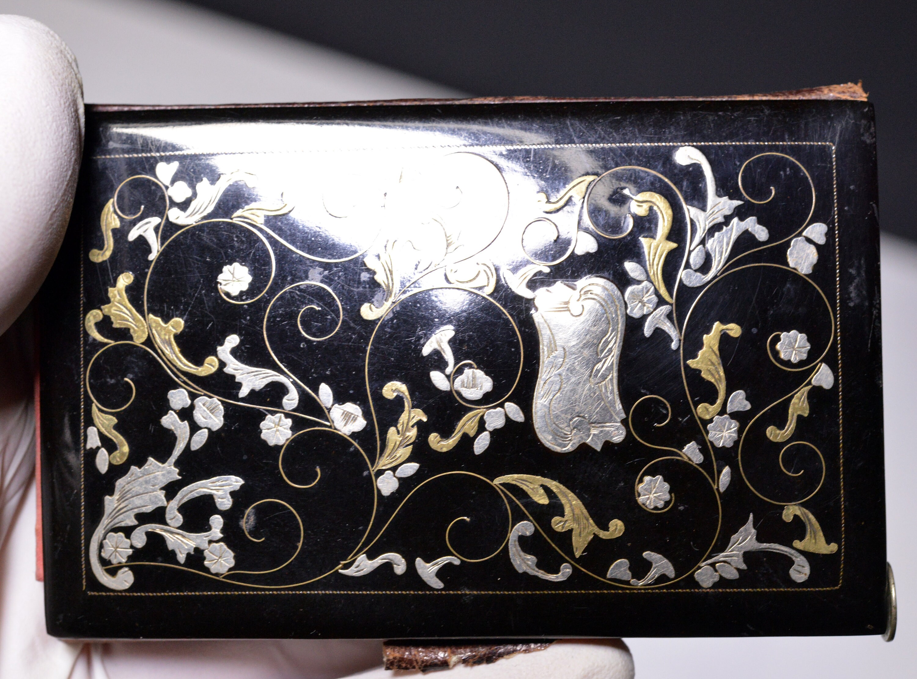 Rare 19C Antique Metal Intarsia Over Lacquer Pocketbook Card Game ...