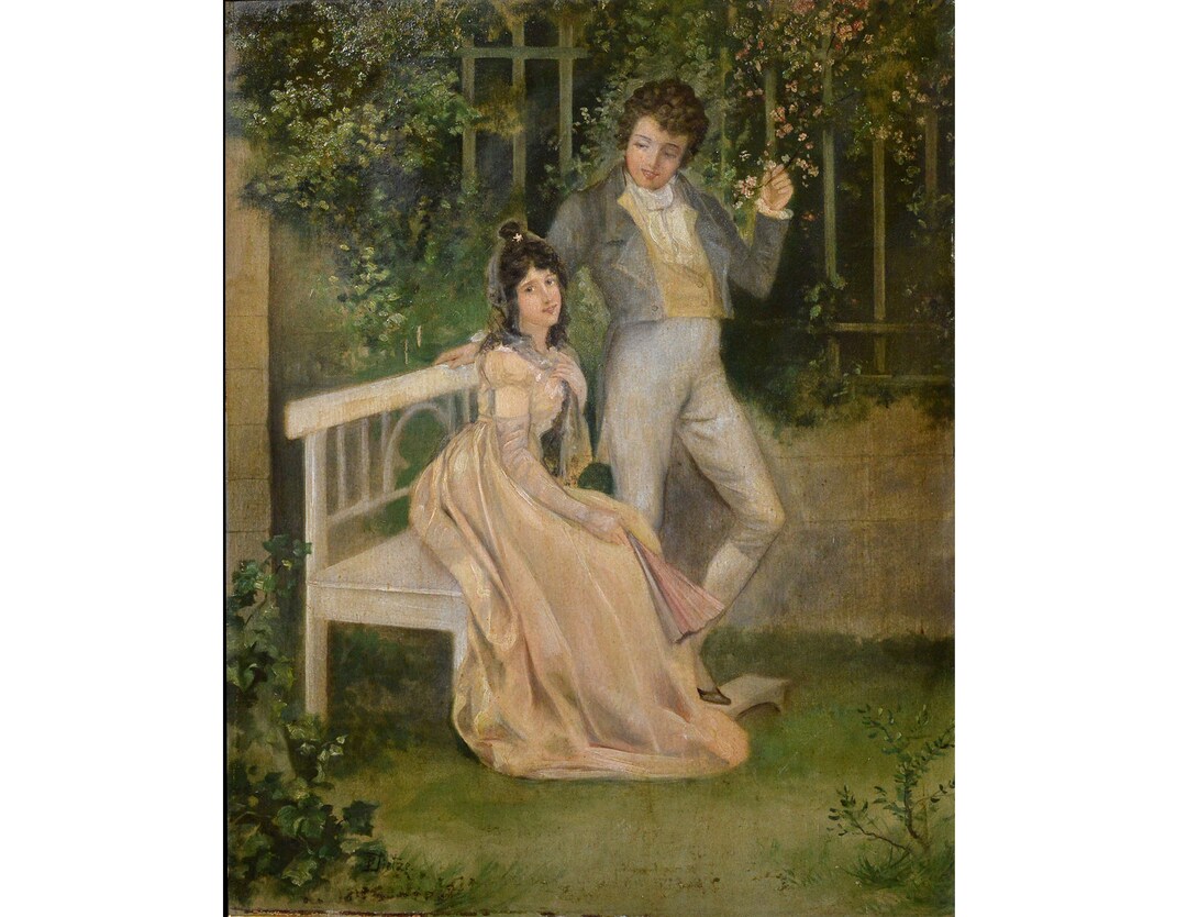 German Master Romantic Scene in Garden 19th Century Oil Painting by ...