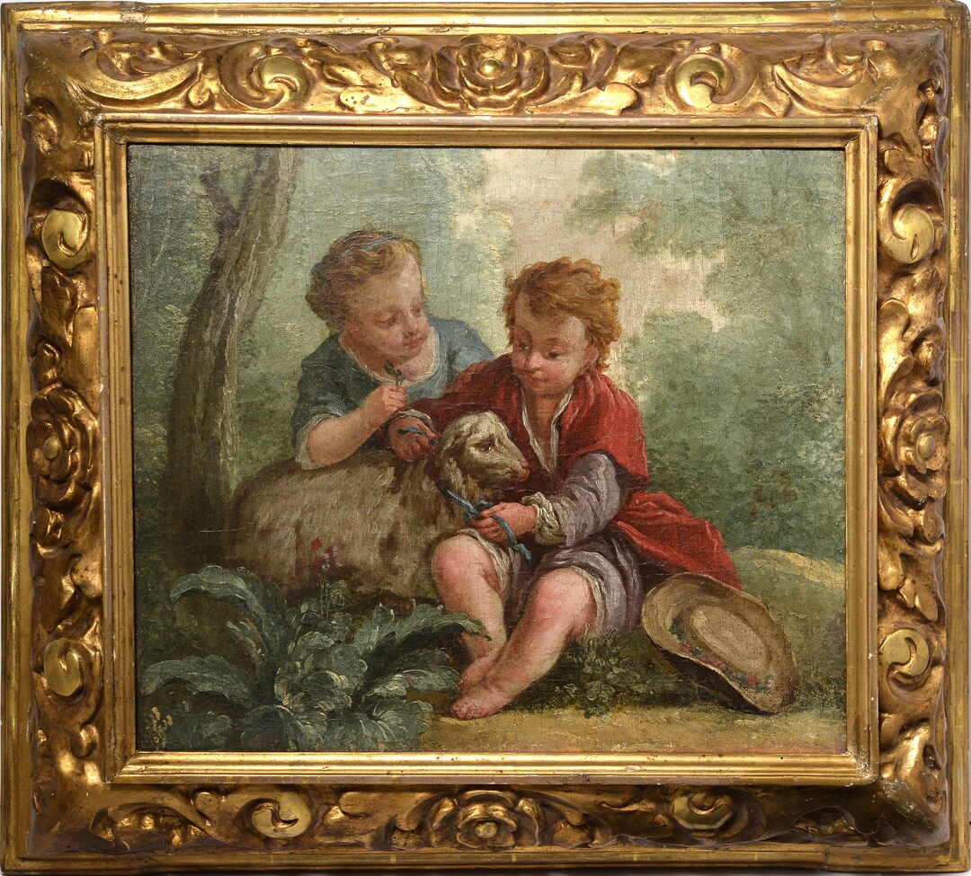 Children W Lamb Scene 18th Century Oil Painting by French Rococo Master ...